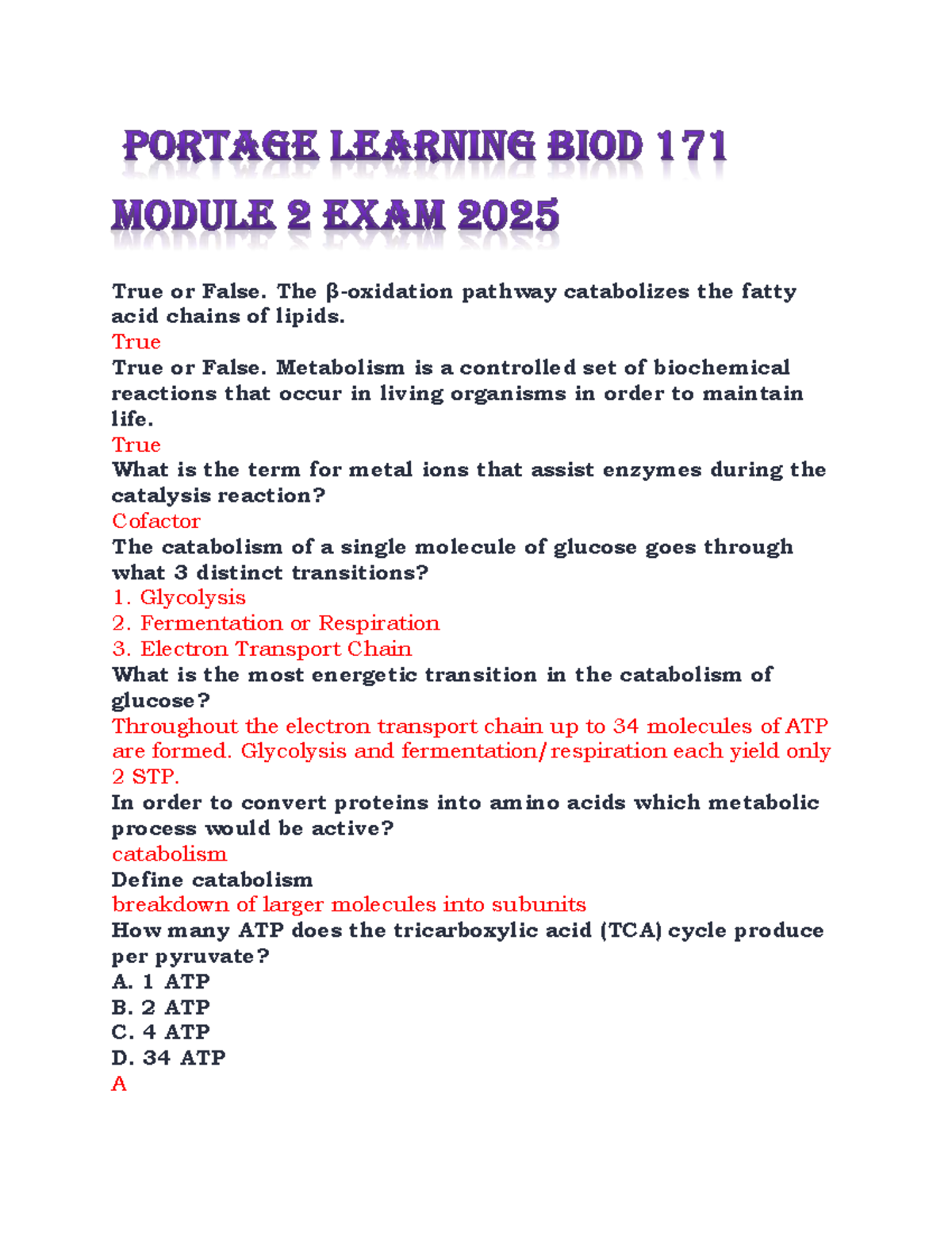 Portage Learning BIOD 171 Module 2 Exam Review: Metabolism ...