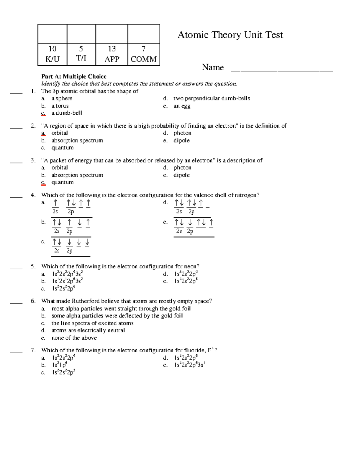 Atomic Theory Unit Test 10/5/13 - Practice Test with Answers - Studocu