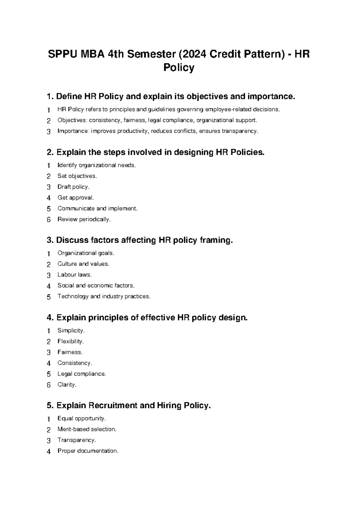 SPPU MBA 4th Sem HR Policy Key Q&A for 2024 Credit Pattern - Studocu
