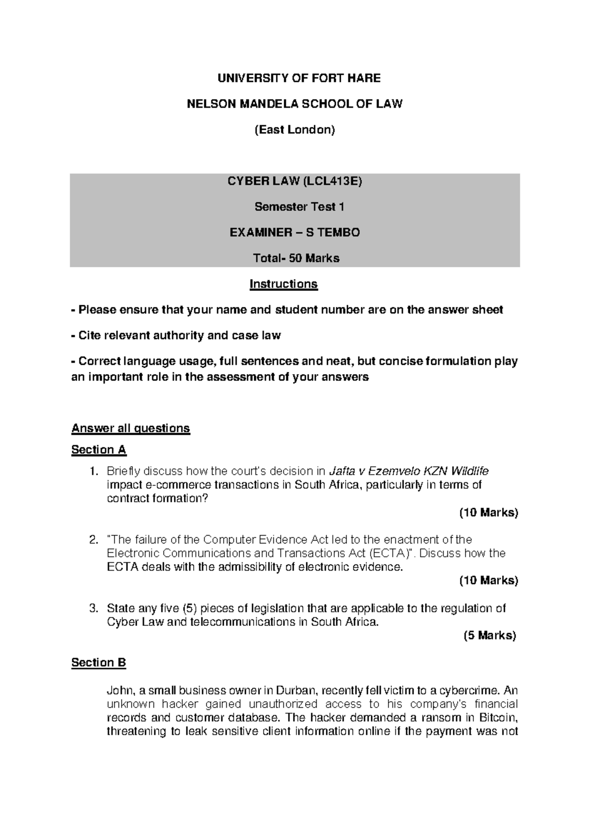 LCL413E Cyber Law Semester Test 1 - Formative Assessment Guide - Studocu
