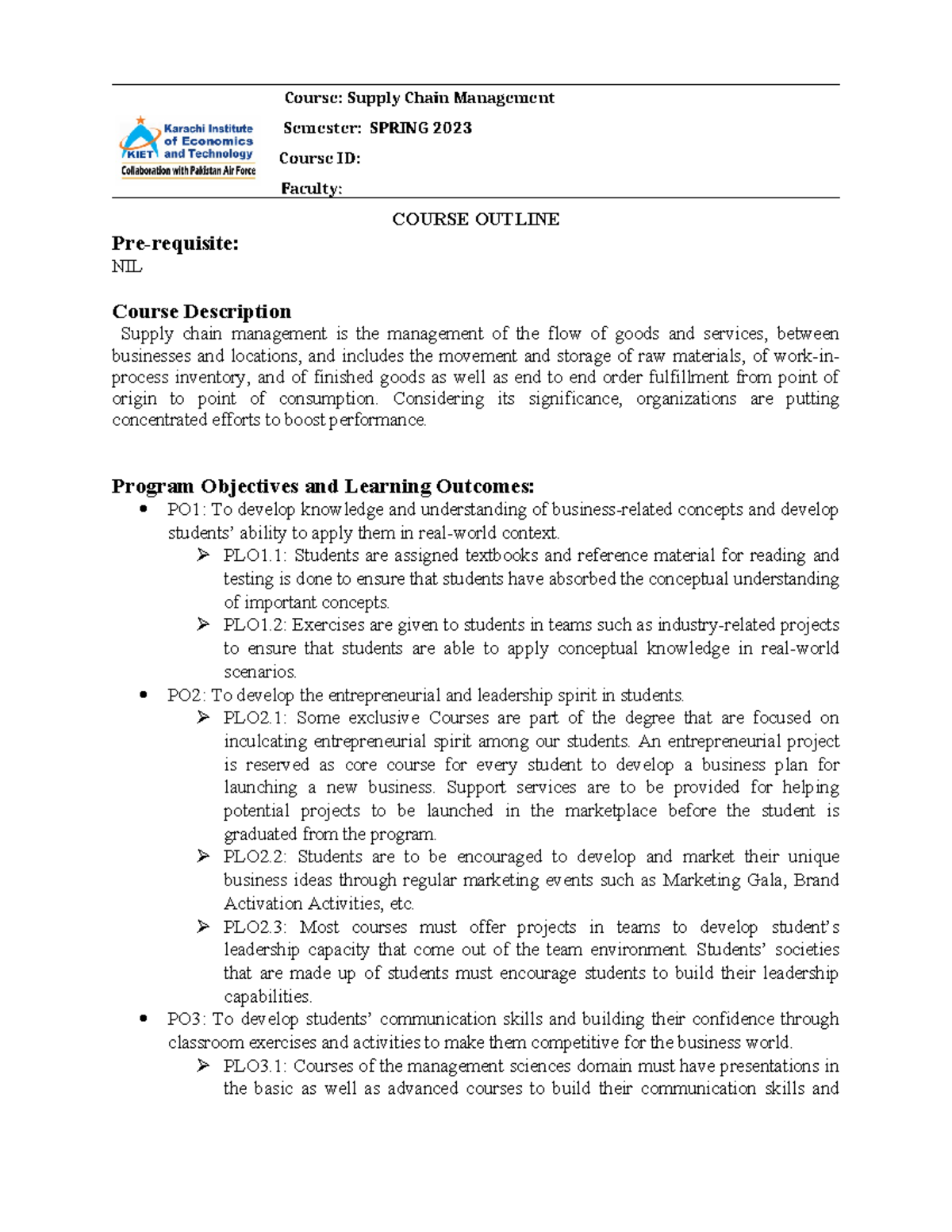 Supply Chain Management Course Outline - SPRING 2023 - Studocu