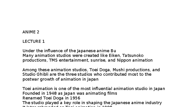 ANIME 2 LECTURE NOTES: The Evolution of Japanese Animation Studios ...