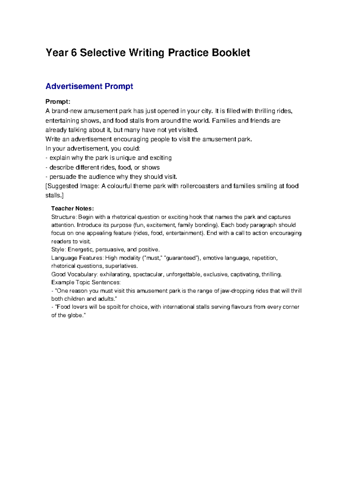 Year 6 Writing Prompts: Amusement Park Ad & School Advice - Studocu