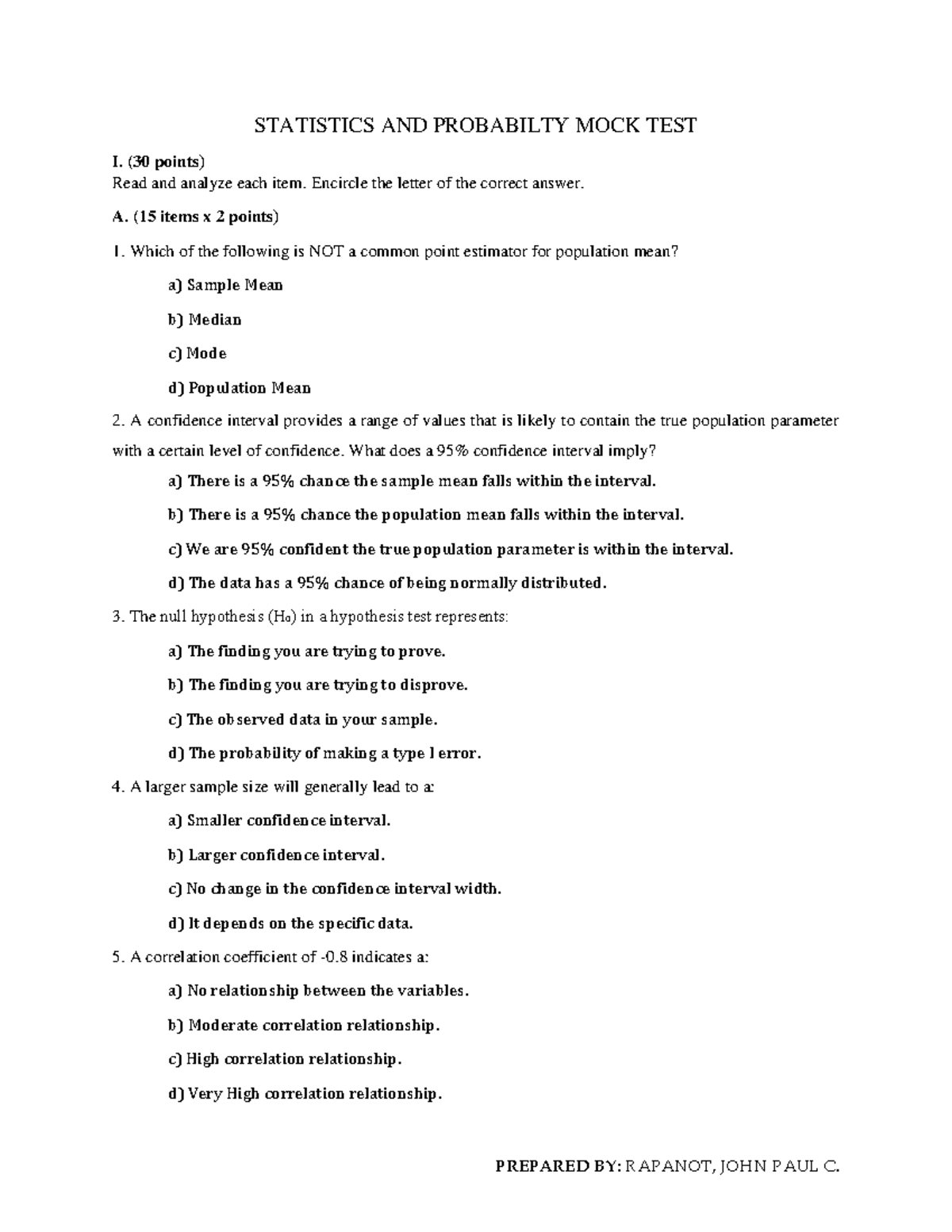 STATISTICS AND PROBABILITY MOCK TEST Answer KEY (Final Exam) - Studocu