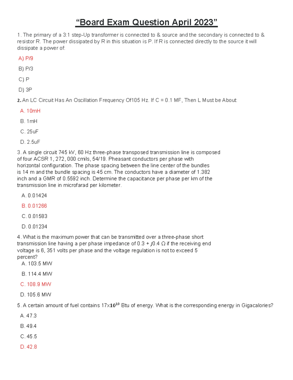 Board Exam Questions - April 2023 - Electrical Engineering - Studocu