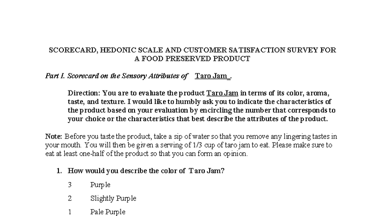 SCORECARD & HEDONIC SCALE: Taro Jam Customer Satisfaction Survey - Studocu
