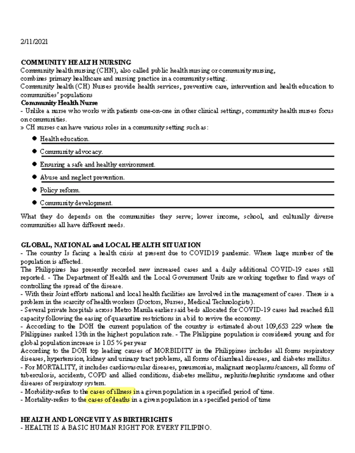 CHN 101: Learning Module I - Overview of Community Health Nursing - Studocu