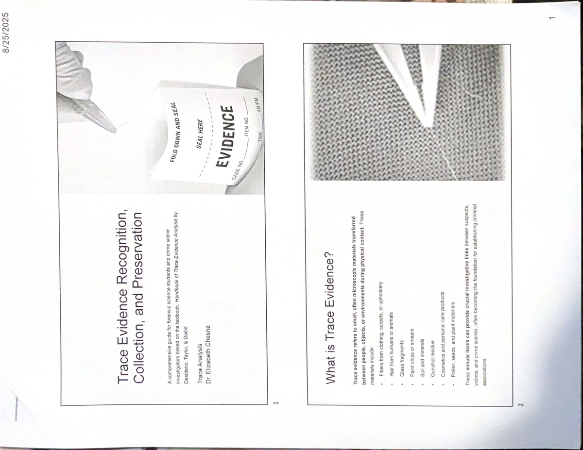 Trace Evidence Recognition and Collection: Forensic Science Guide (FS 101) - Studocu