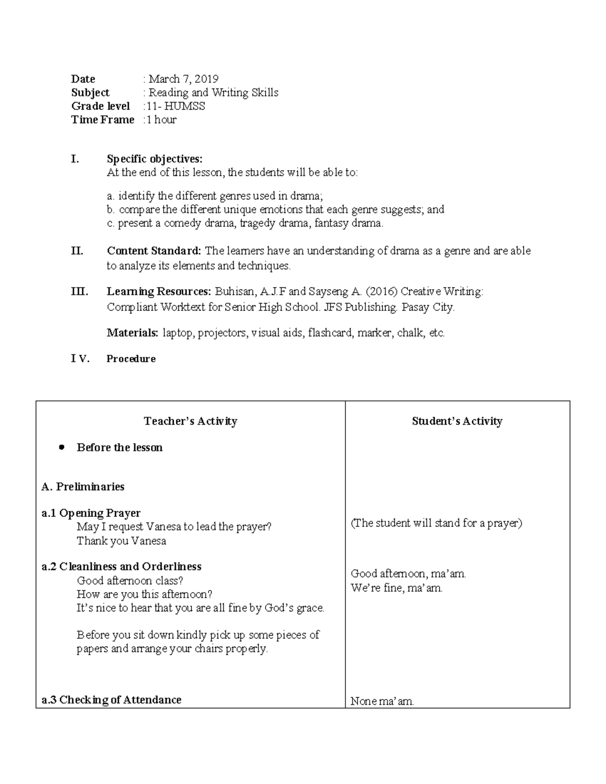 Types of Drama Lesson Plan for Senior High School (Grade 11 HUMSS ...