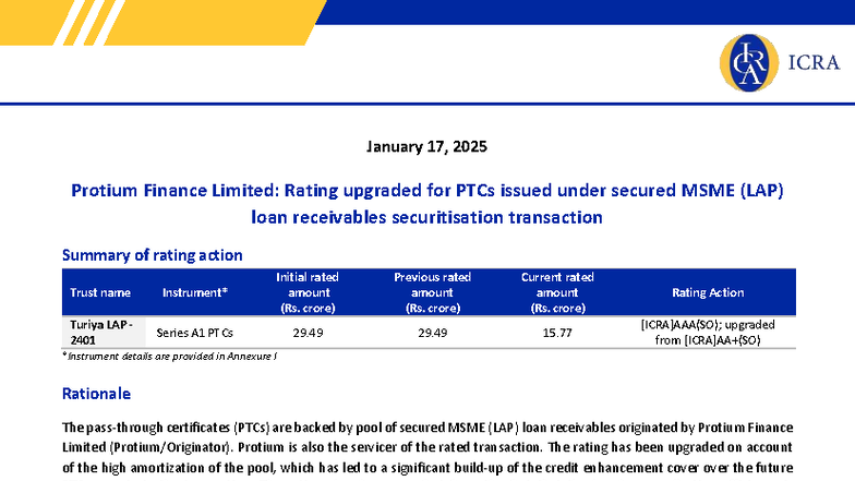 Protium Finance Limited: Turiya LAP 2401 PTCs Rating Upgrade Summary ...