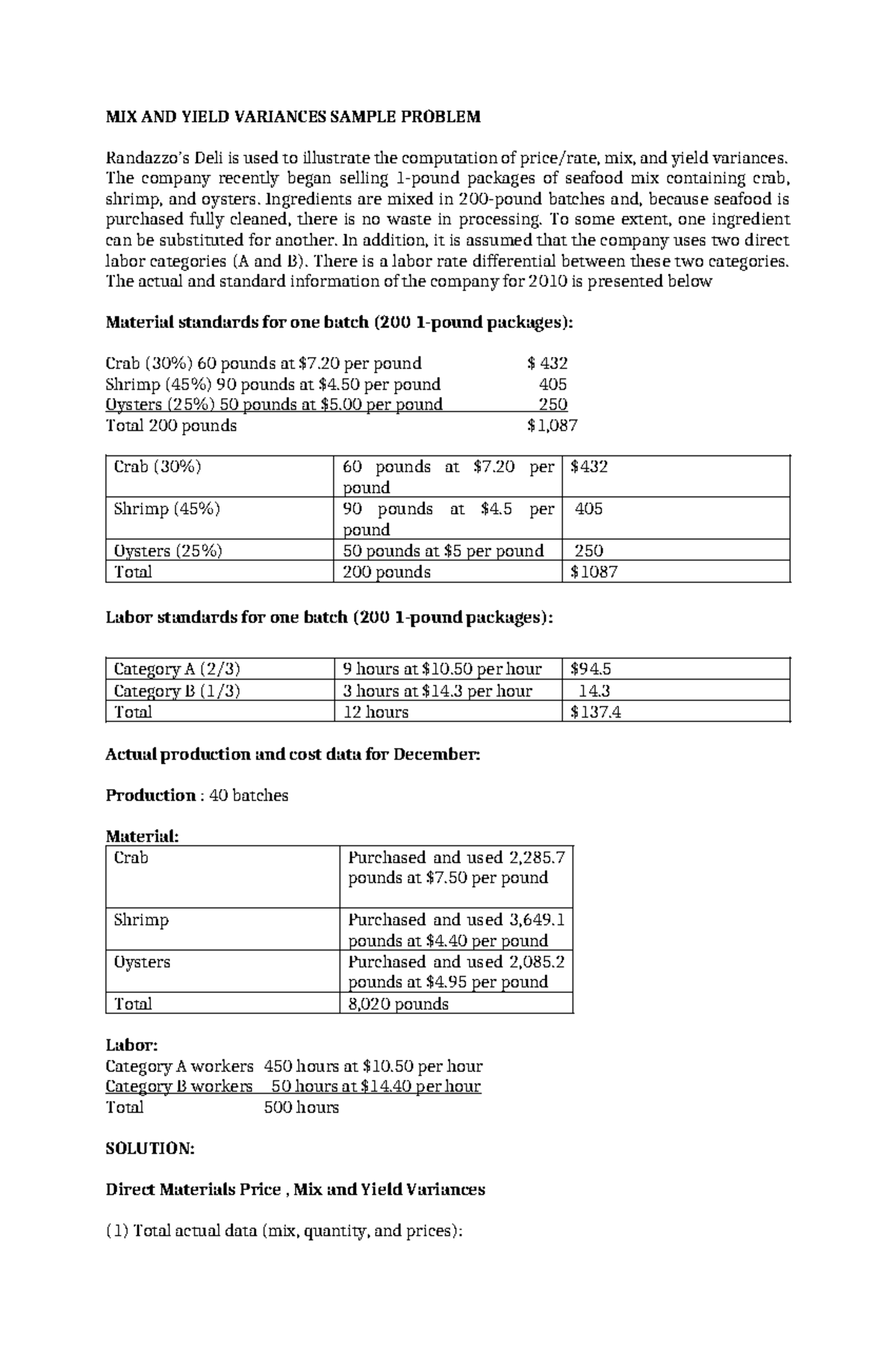MIX AND YIELD VARIANCES SAMPLE PROBLEM: SEAFOOD MIX ANALYSIS - Studocu