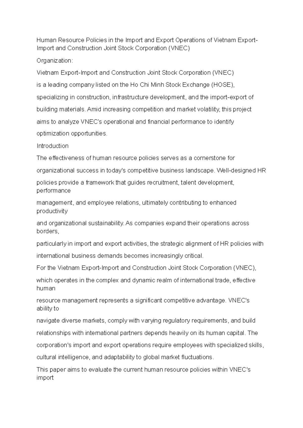 HR Policies in Import & Export Operations of VNEC: A Study - Studocu