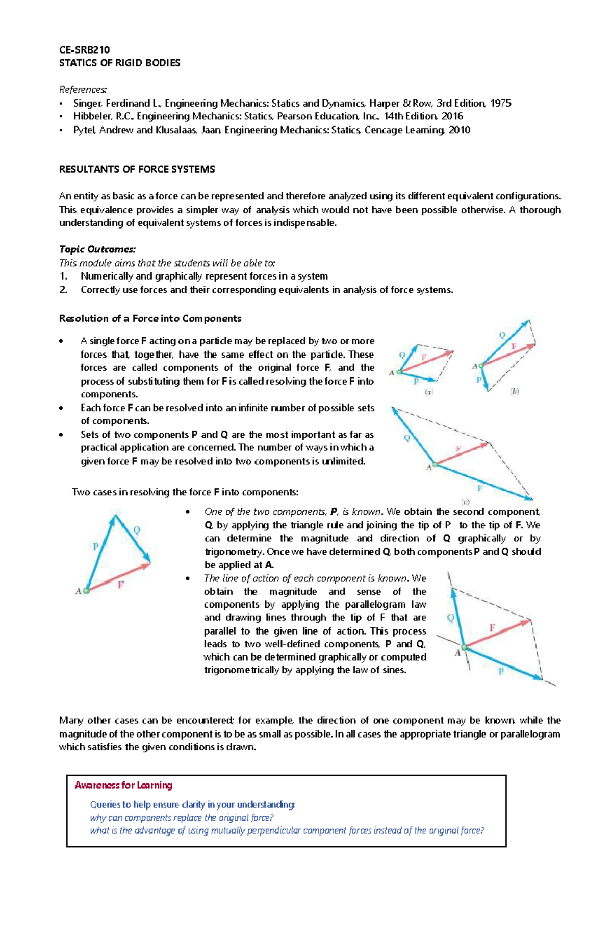 Resultants of Force Systems in CE-SRB Statics Course - Studocu