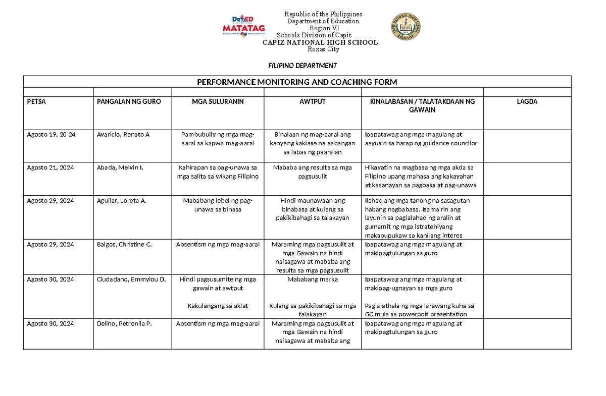 Performance Monitoring and Coaching Form - Filipino Dept. (Capiz NHS ...