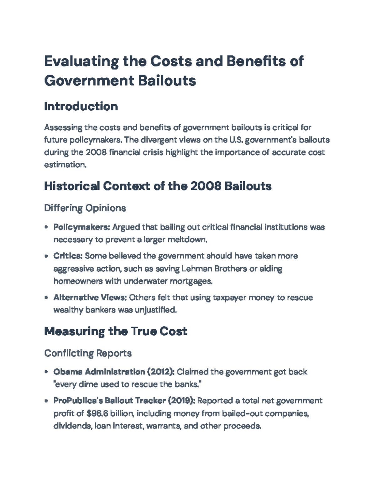 Evaluating Costs and Benefits of Government Bailouts: Lessons from 2008 ...