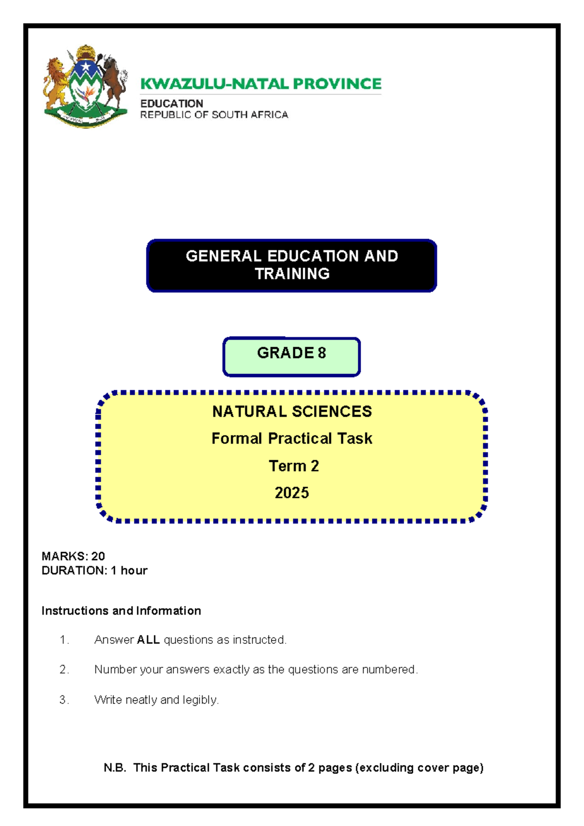 NS Gr 8 Natural Science Practical Task Term 2 - 2025 - Studocu