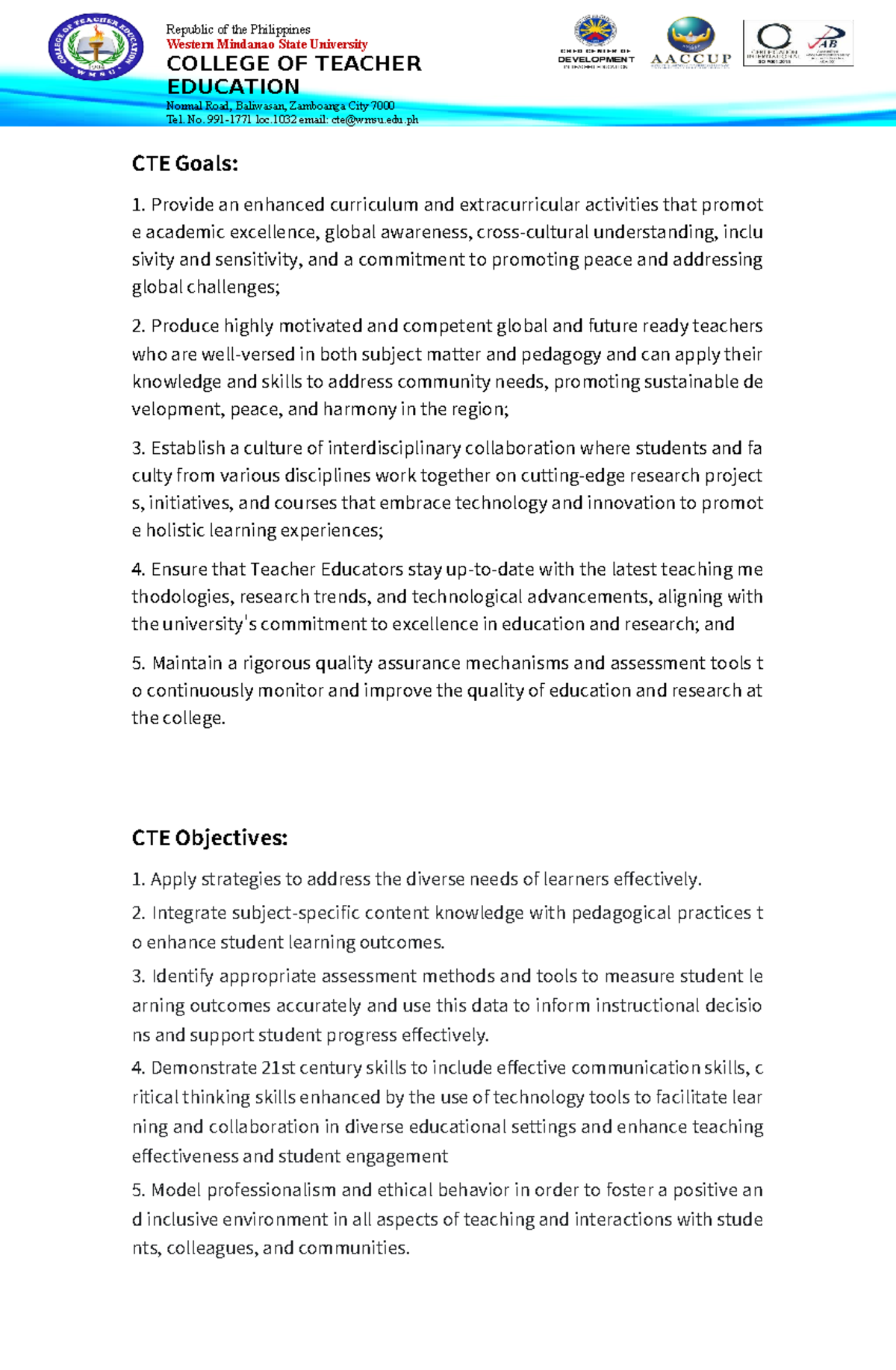 CTE Program Goals and Objectives for Teacher Education at WMSU - Studocu