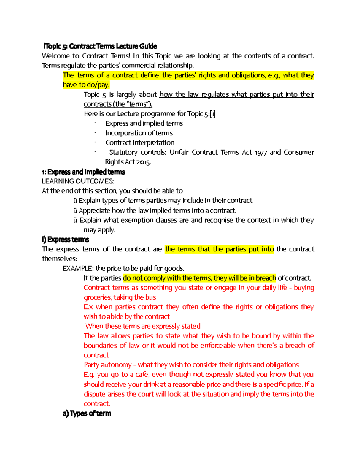 Unit 5 Contract Law - Lecture Notes on Contract Terms & Enforcement ...