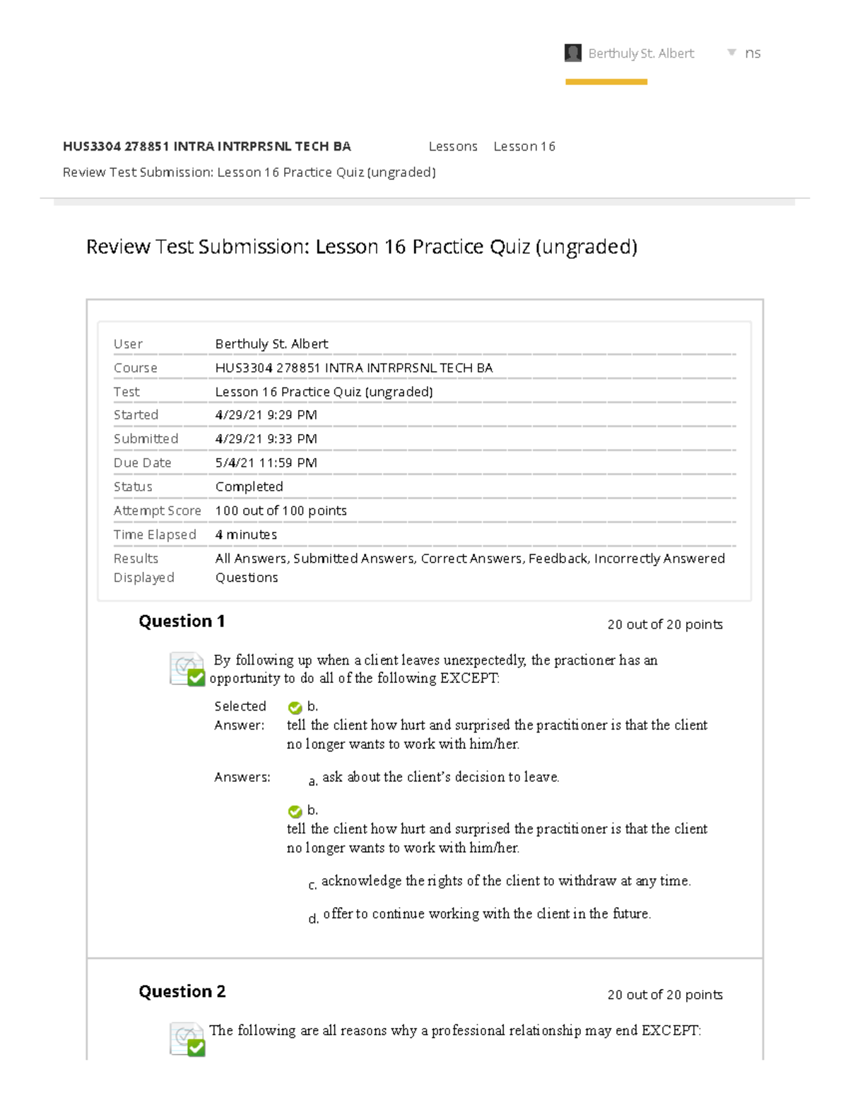 HUS3304 Lesson 16 Practice Quiz Review (Ungraded) Summary - Studocu