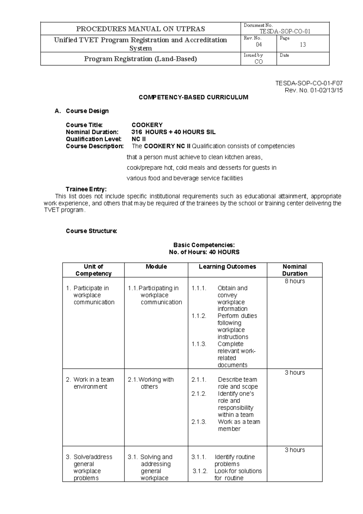 Procedures Manual for COOKERY NC II - UTPRAS Registration System - Studocu