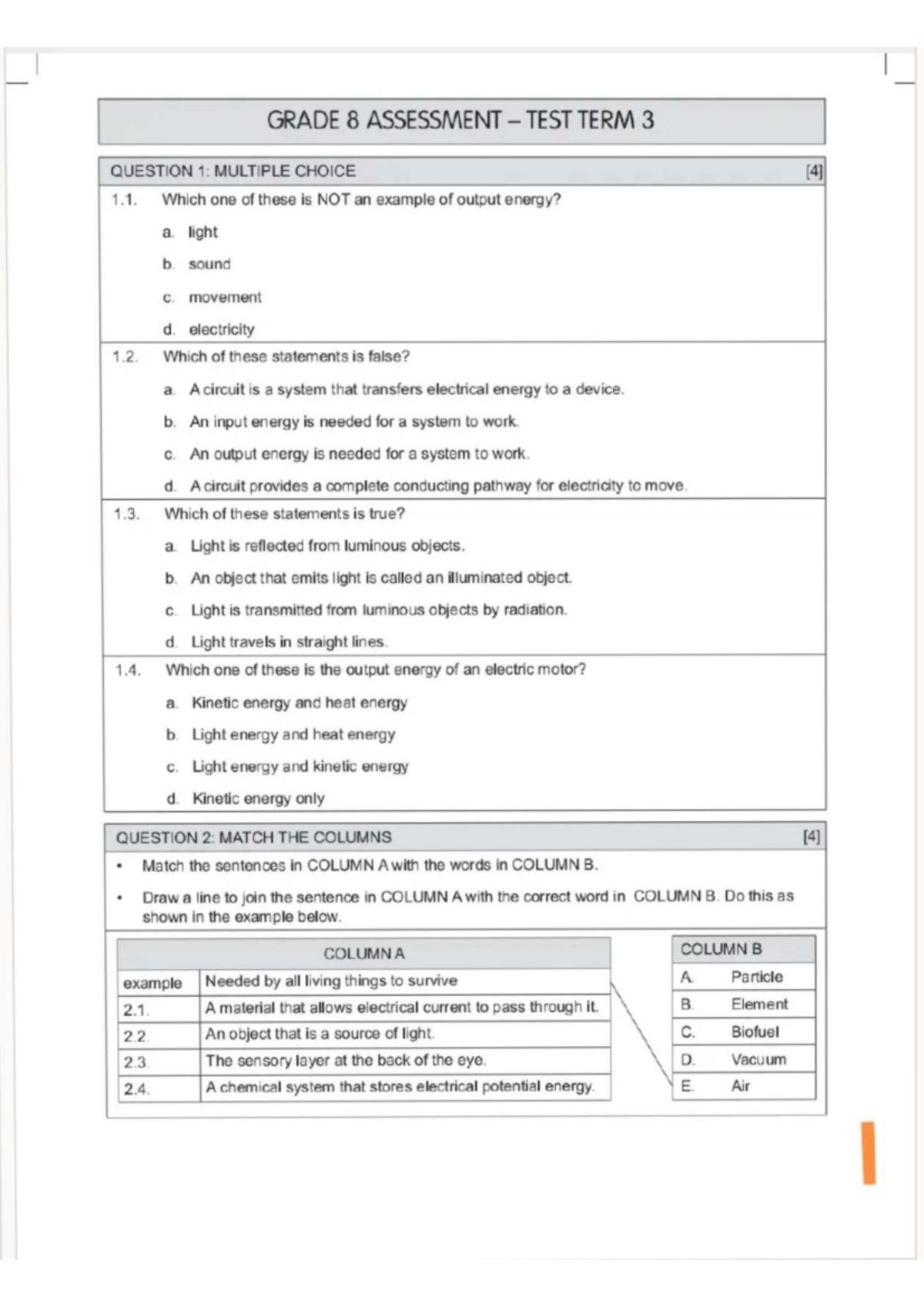 GRADE 8 TERM 3 ASSESSMENT TEST: MULTIPLE CHOICE & QUESTIONS - Studocu