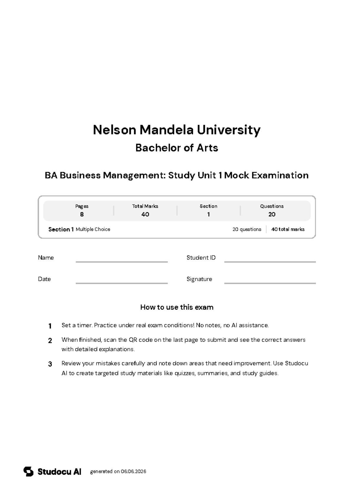 BA Business Management: Study Unit 1 Mock Exam - Studocu