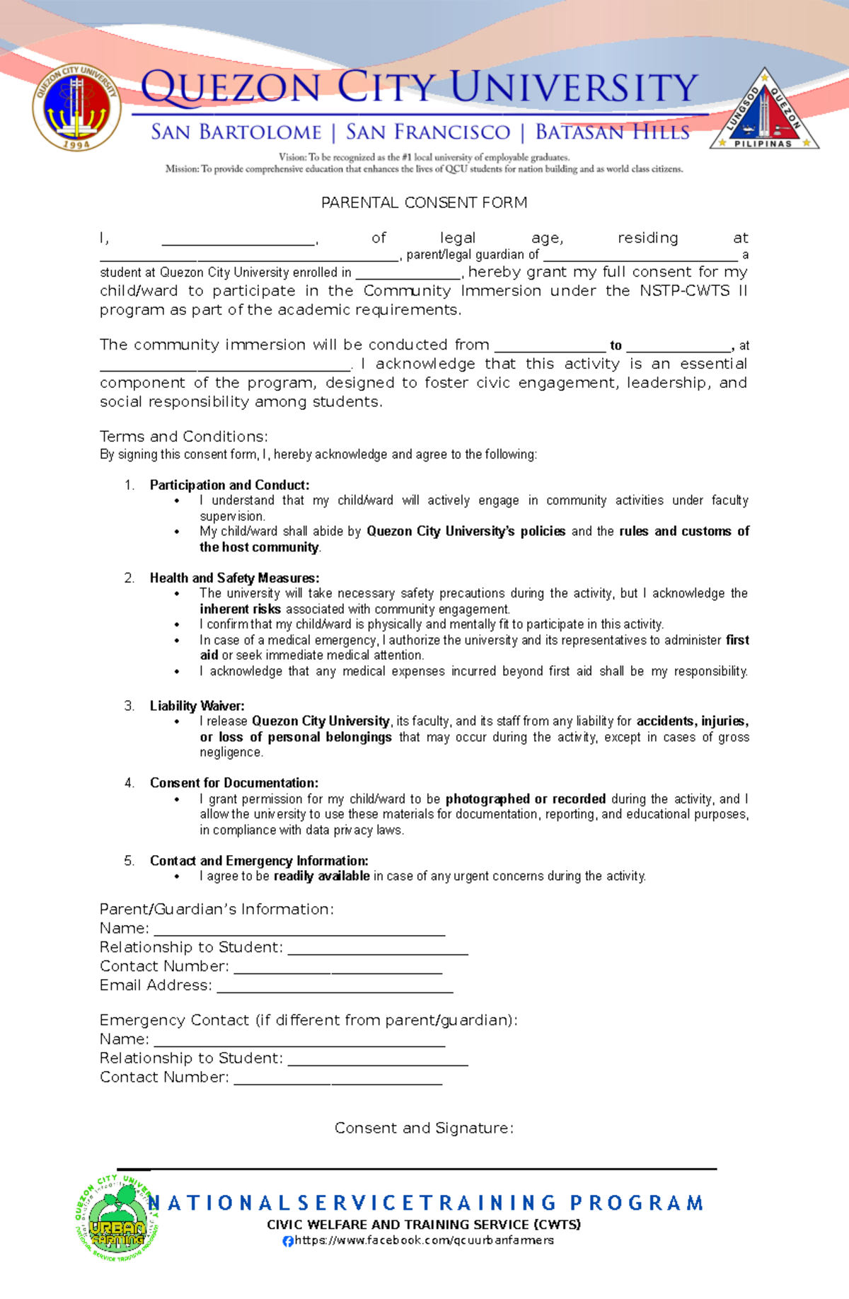 NSTP-2 Updated Parental Consent Form for Community Immersion - Studocu