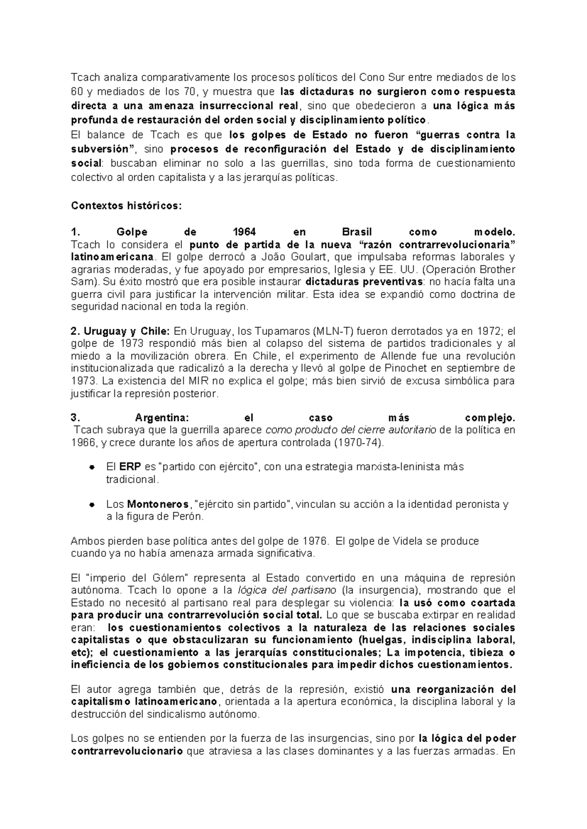 Análisis Comparativo de Dictaduras en el Cono Sur (Tcach 4 - Final ...