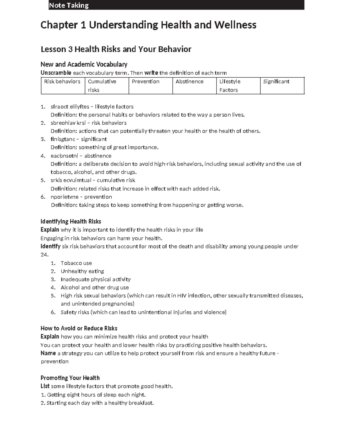 1 - Ooh - Note Taking Chapter 1 Understanding Health and Wellness ...