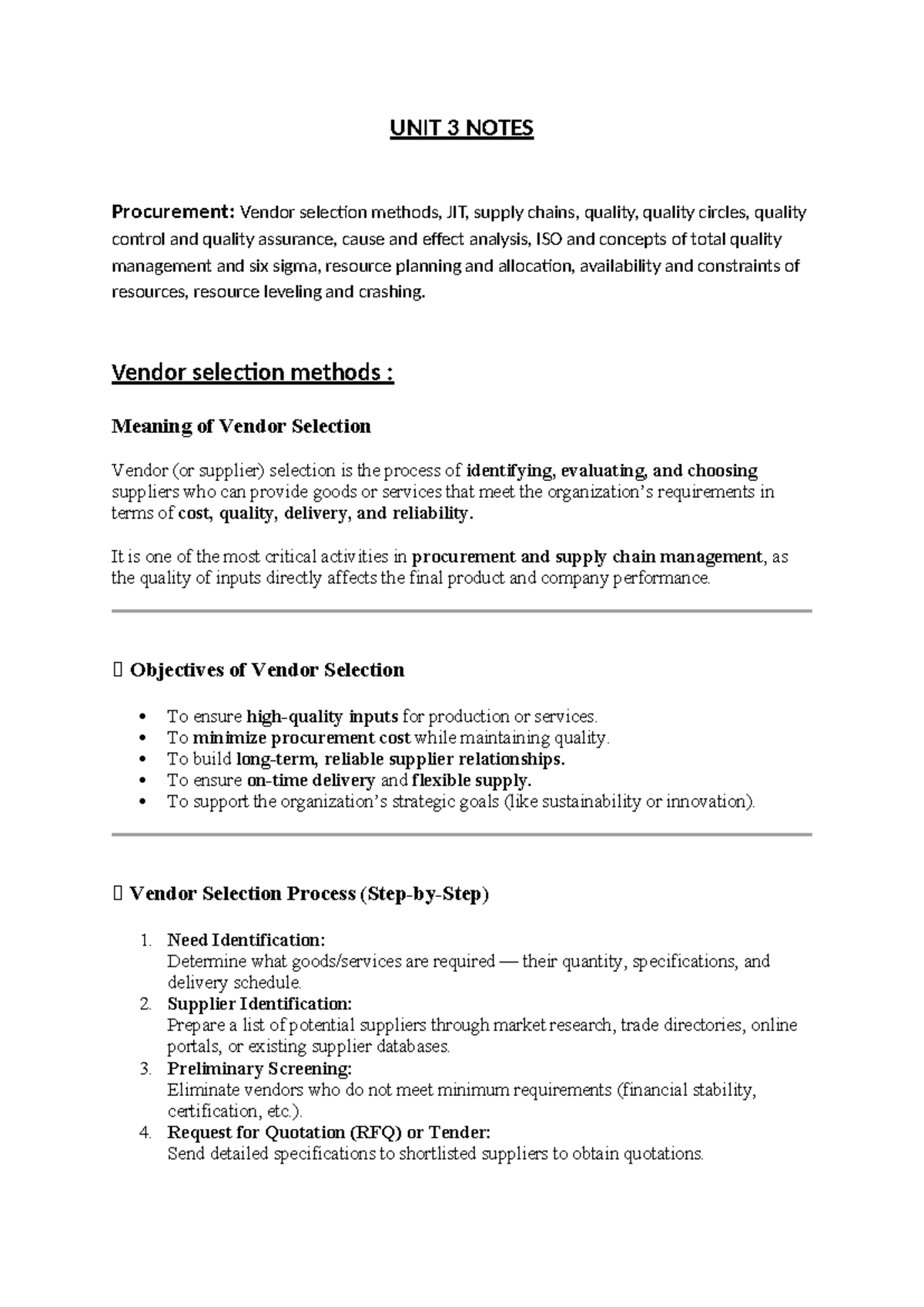 UNIT 3 NOTES: Procurement, JIT, Supply Chains, and Quality Management ...