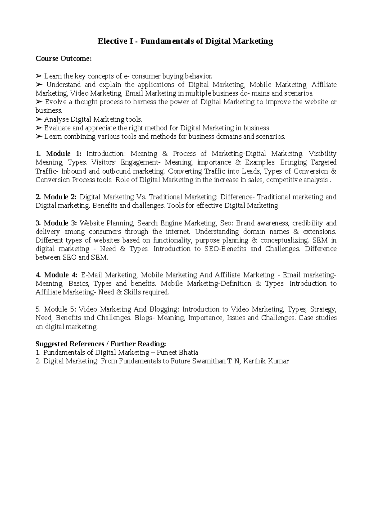 Elective I: Fundamentals of Digital Marketing - Syllabus Overview - Studocu