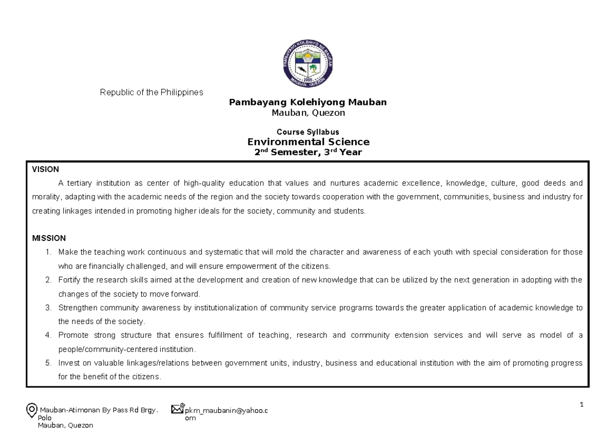 Environmental Science Syllabus (ES 2nd Sem, 3rd Year) - Mauban College ...