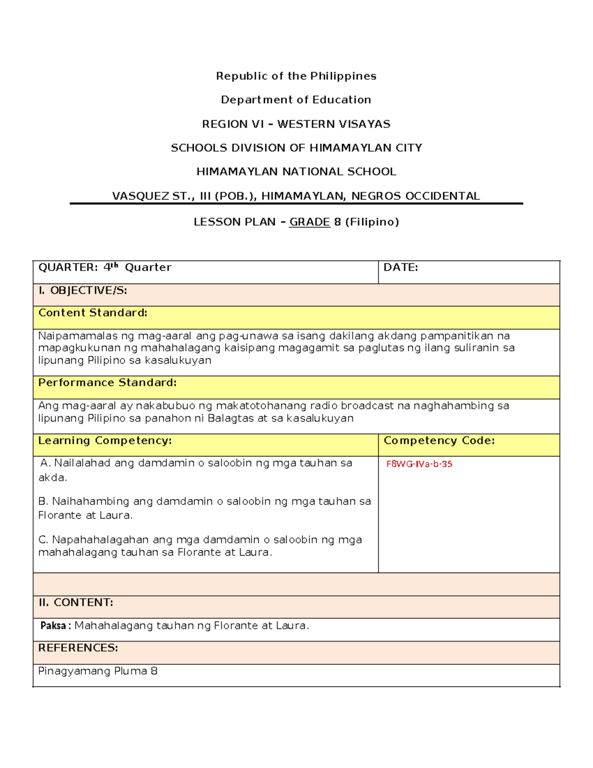 LP-G8-Filipino: Lesson Plan on Characters in Florante at Laura by ...