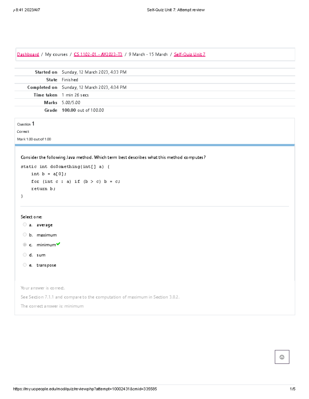 CS 1102 Self Quiz Unit 7 - Started on Sunday, 12 March 2023, 4:33 PM State Finished Completed on ...