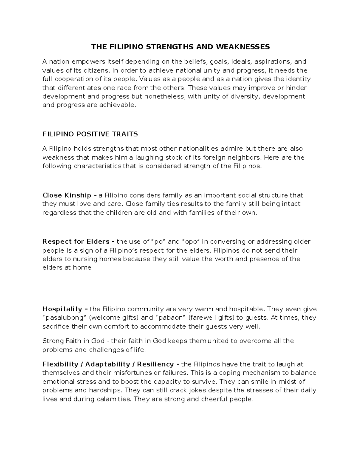 Filipino Traits: Strengths and Weaknesses Analysis - Studocu