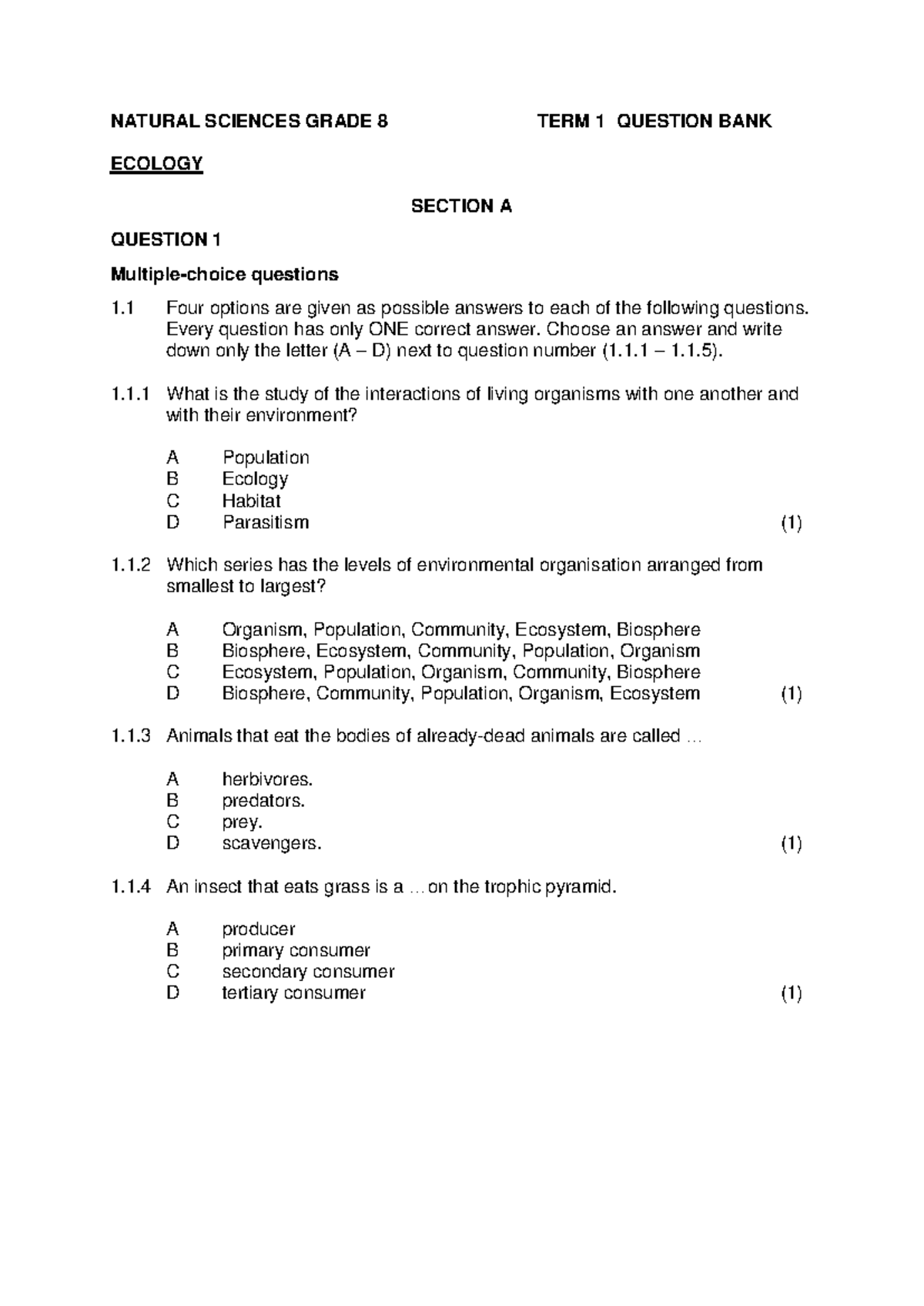 NS 8 Question Bank Ecology 1618509981 - NATURAL SCIENCES GRADE 8 TERM 1 ...