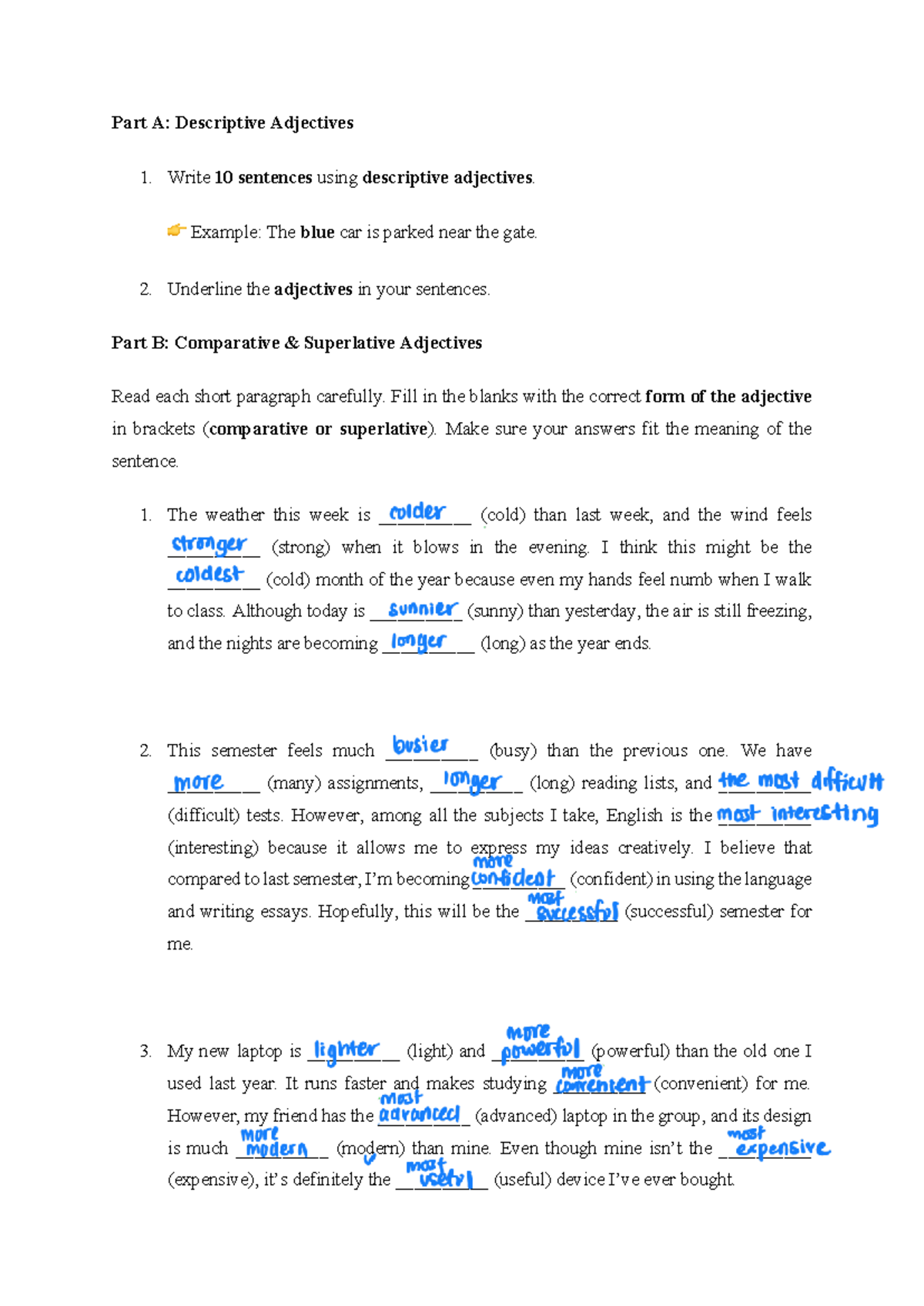 W2: Descriptive & Comparative Adjectives Exercise - Studocu
