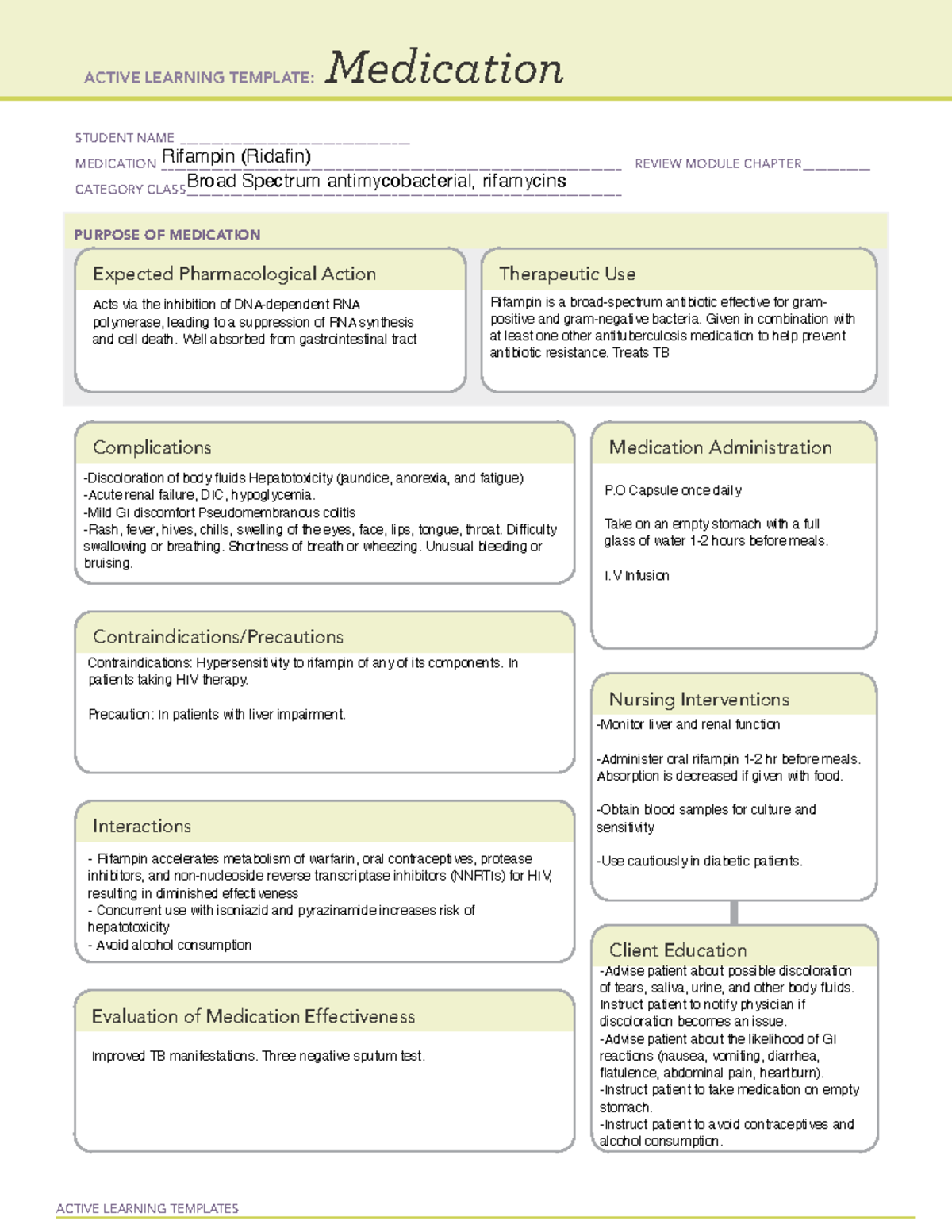 Rifampin Medication Overview: Active Learning Template (ALT) - Studocu