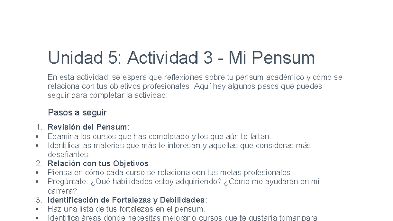 Unidad 5: Actividad 3 - Reflexión sobre el Pensum Académico - Studocu