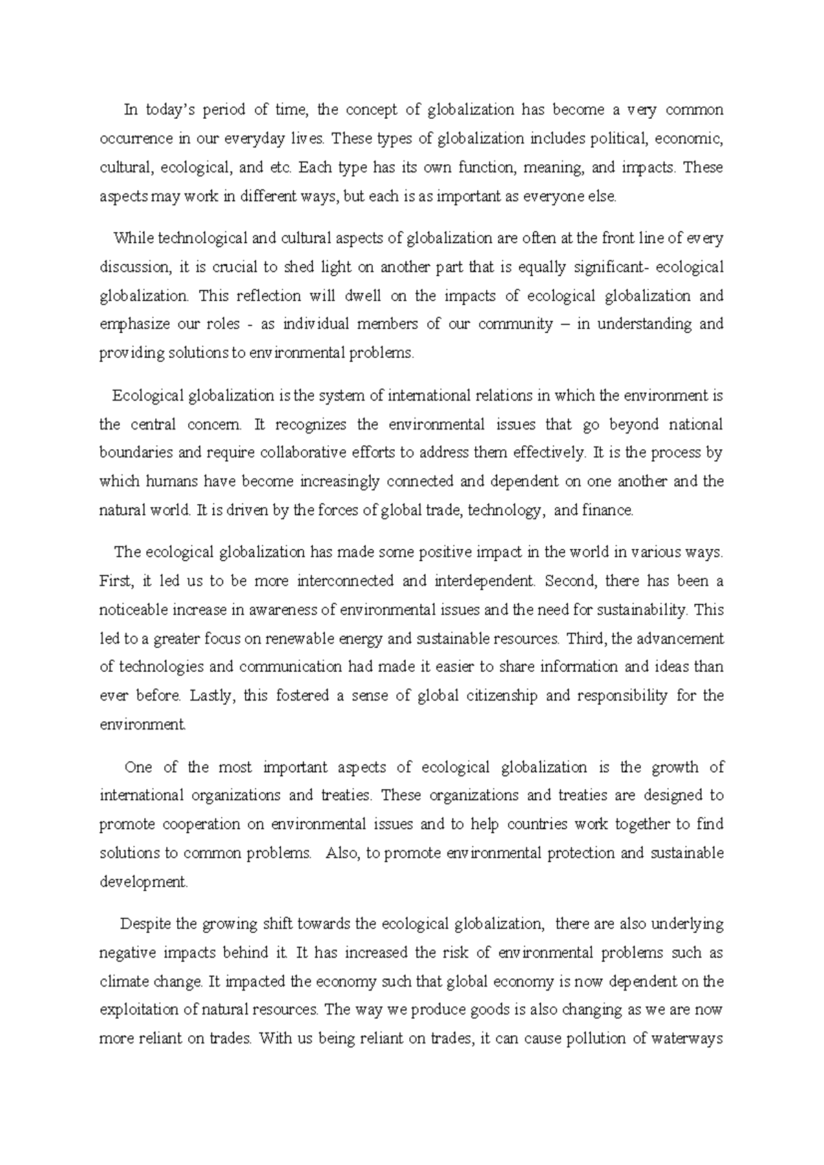 Ecological Globalization: Impacts and Community Roles in Sustainability ...