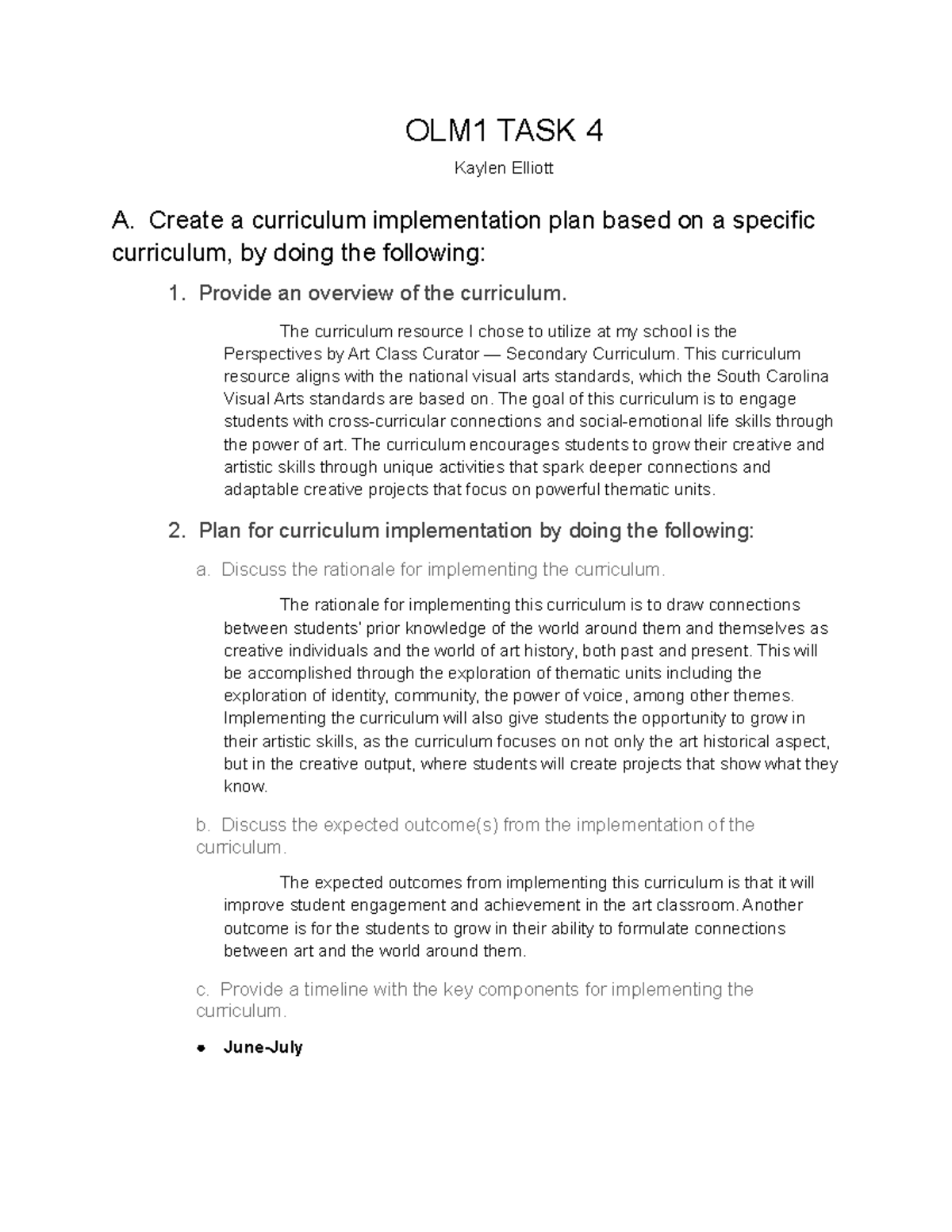 Olm1 Task 4 Curriculum Implementation Plan For Art Education Studocu