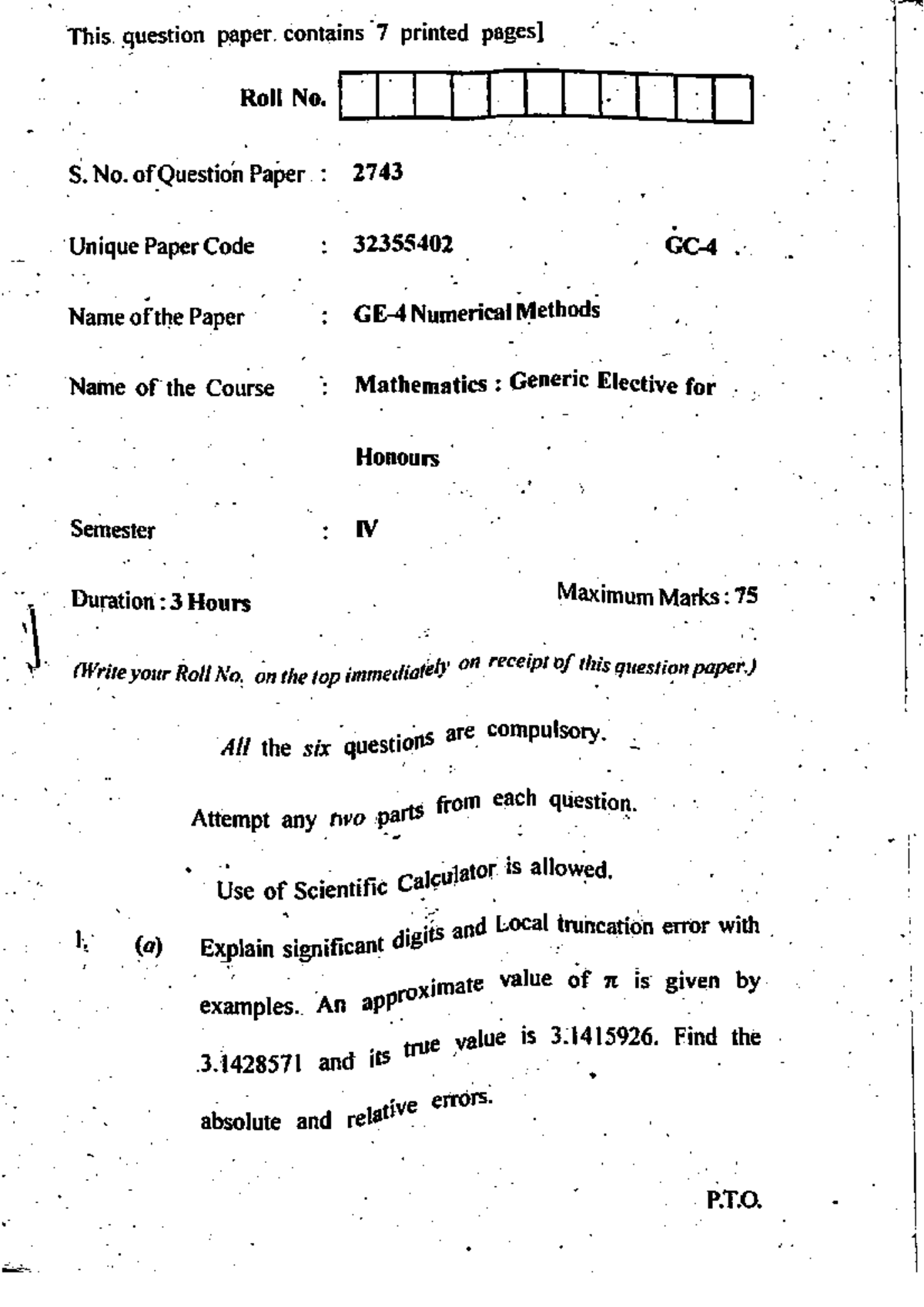 GE-4 Numerical Methods: Question Paper & Solutions - Studocu
