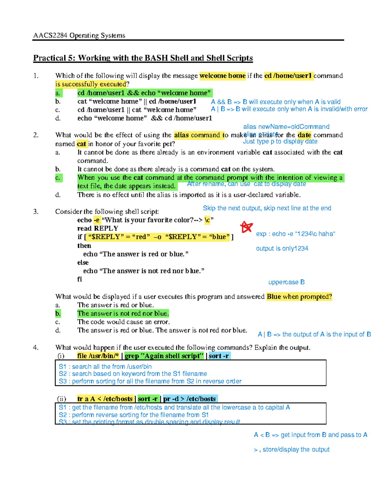 AACS2284 Operating Systems Practical 5: BASH Shell & Script Exercises - Studocu