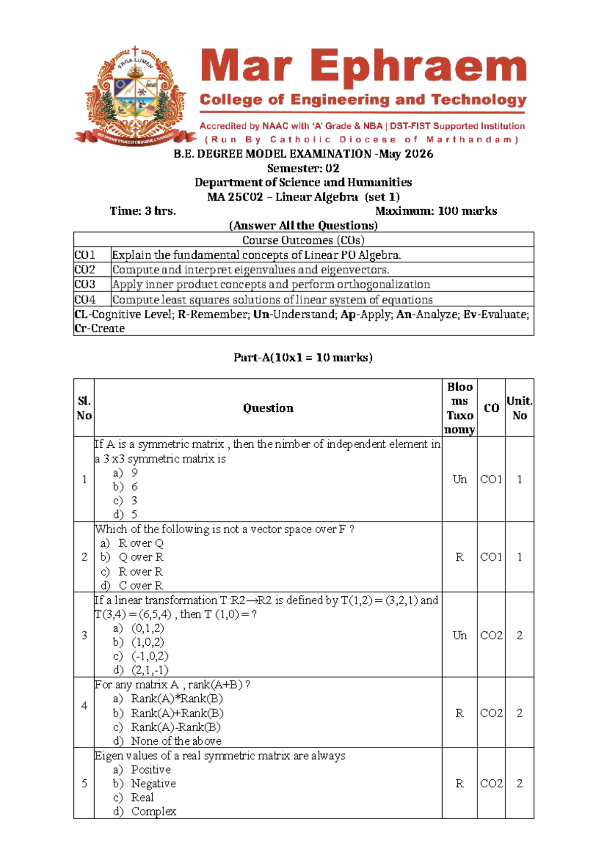 B.E. MA 25C02 Linear Algebra Model Exam 2026 - Semester 2 - Studocu