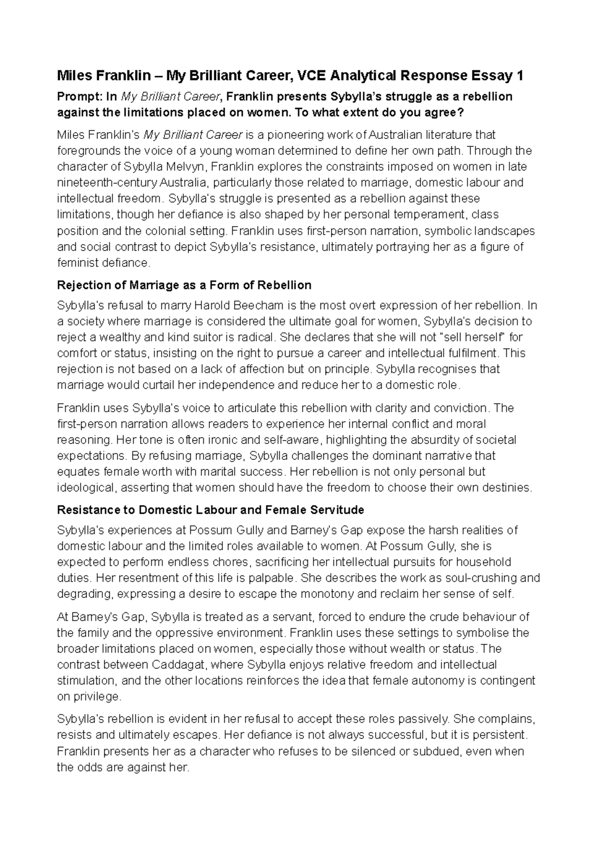 Miles Franklin - My Brilliant Career VCE Analytical Response Essay ...