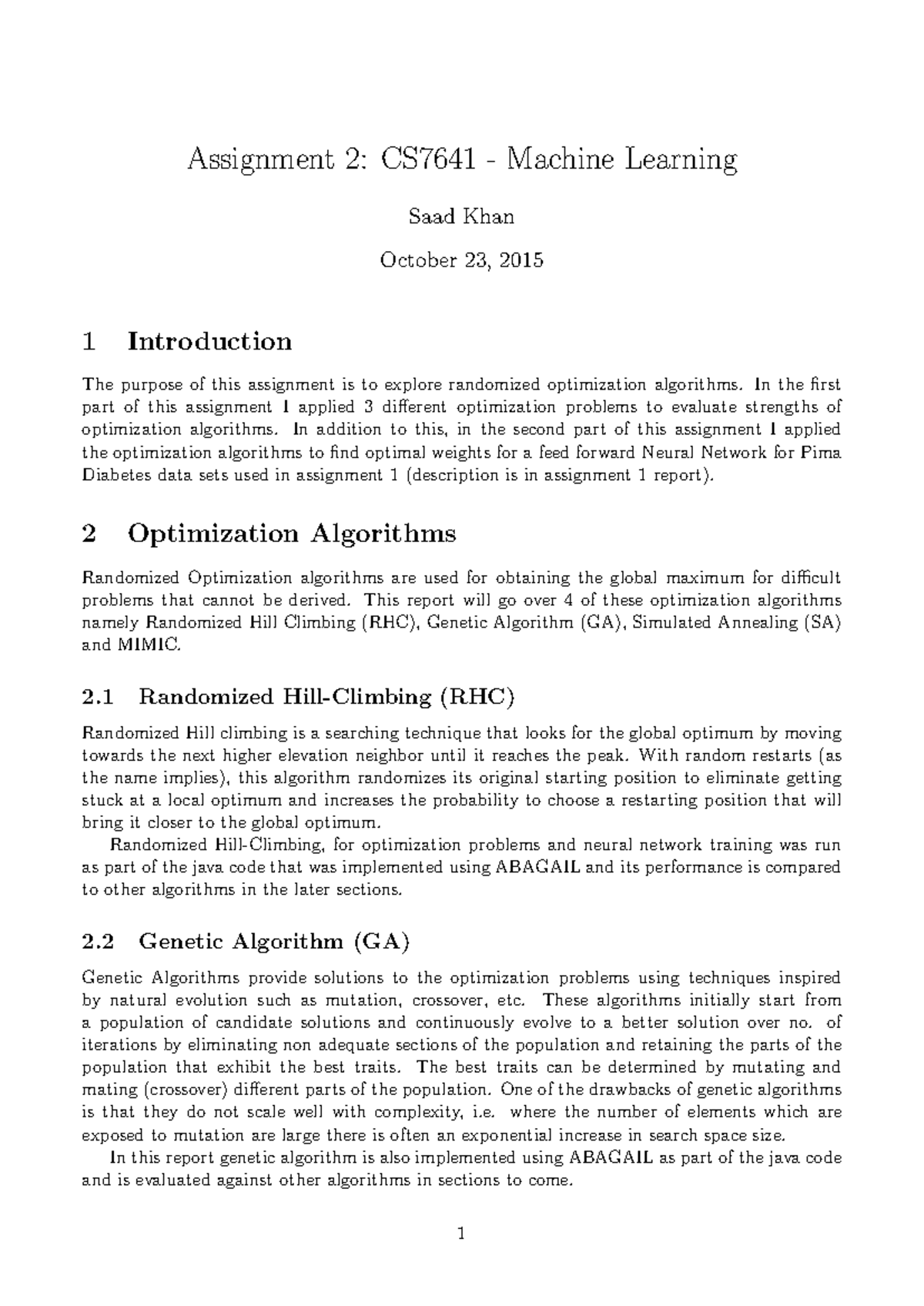 Assignment 2 CS 7641 Machine Learning - Assignment 2: CS7641 - Machine Learning Saad Khan ...