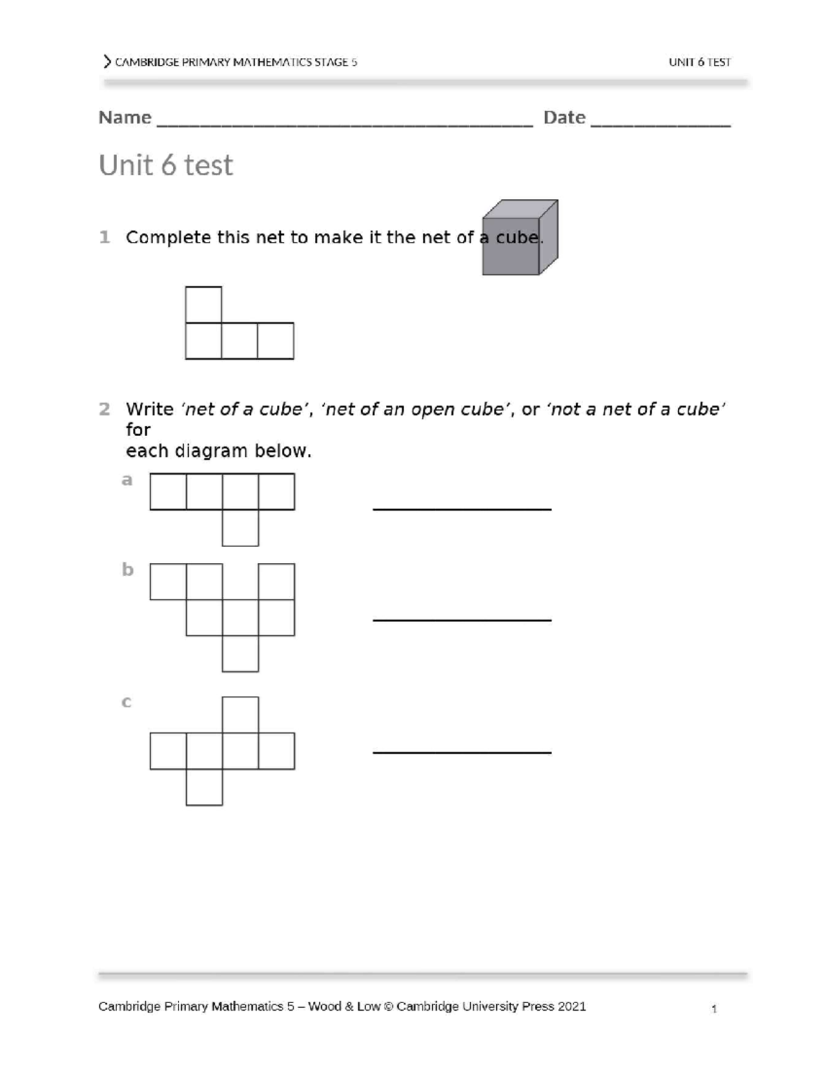 CAMBRIDGE PRIMARY MATHEMATICS STAGE 5 UNIT 6 TEST: 3D Shapes - Studocu