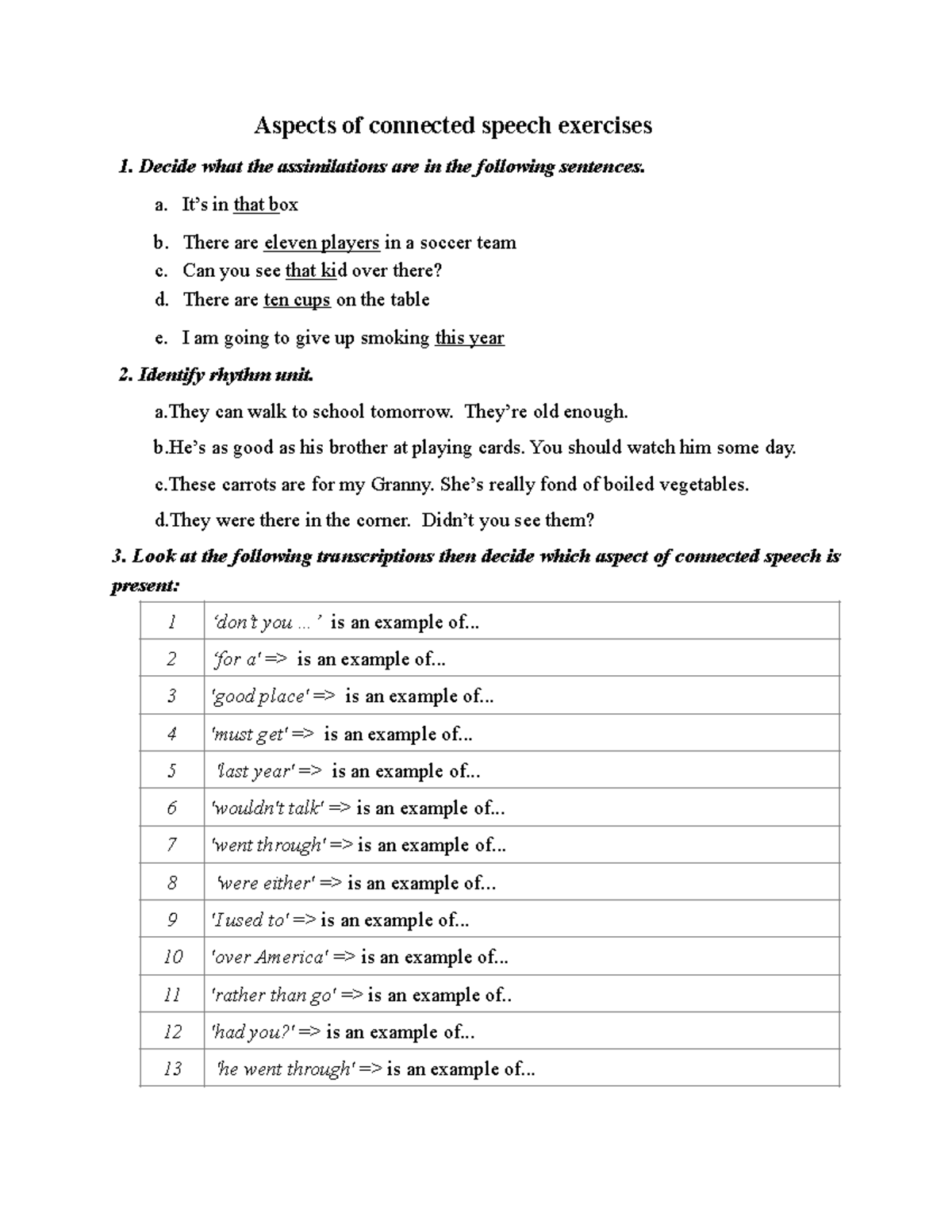 Connected Speech Exercises: Assimilation & Rhythm Analysis - Studocu