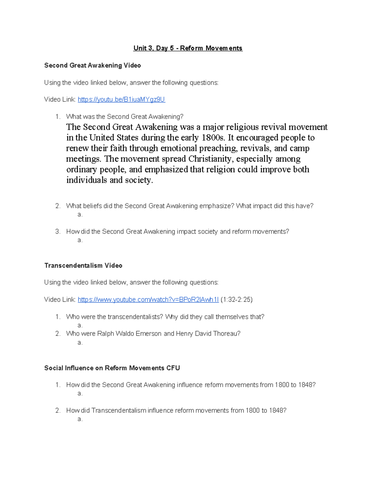 Unit 3, Day 5 - Reform Movements: Second Great Awakening ...