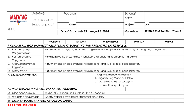 MATATAG DLL WEEK 1 AP G4 - Sample Lesson Plan for Geography - Studocu